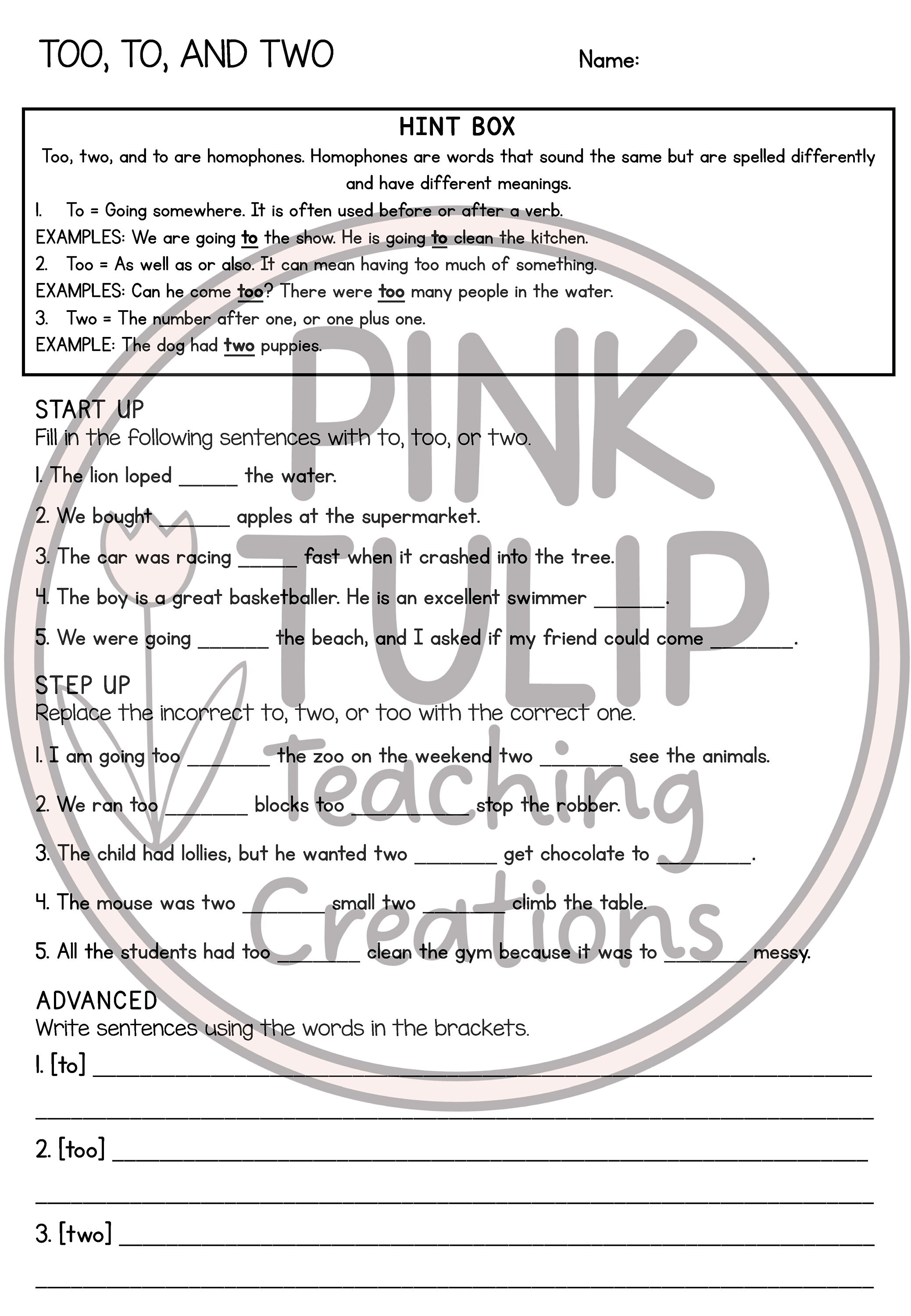 Their, Too (homophones), and Compounds Words - Grammar Worksheets With ...