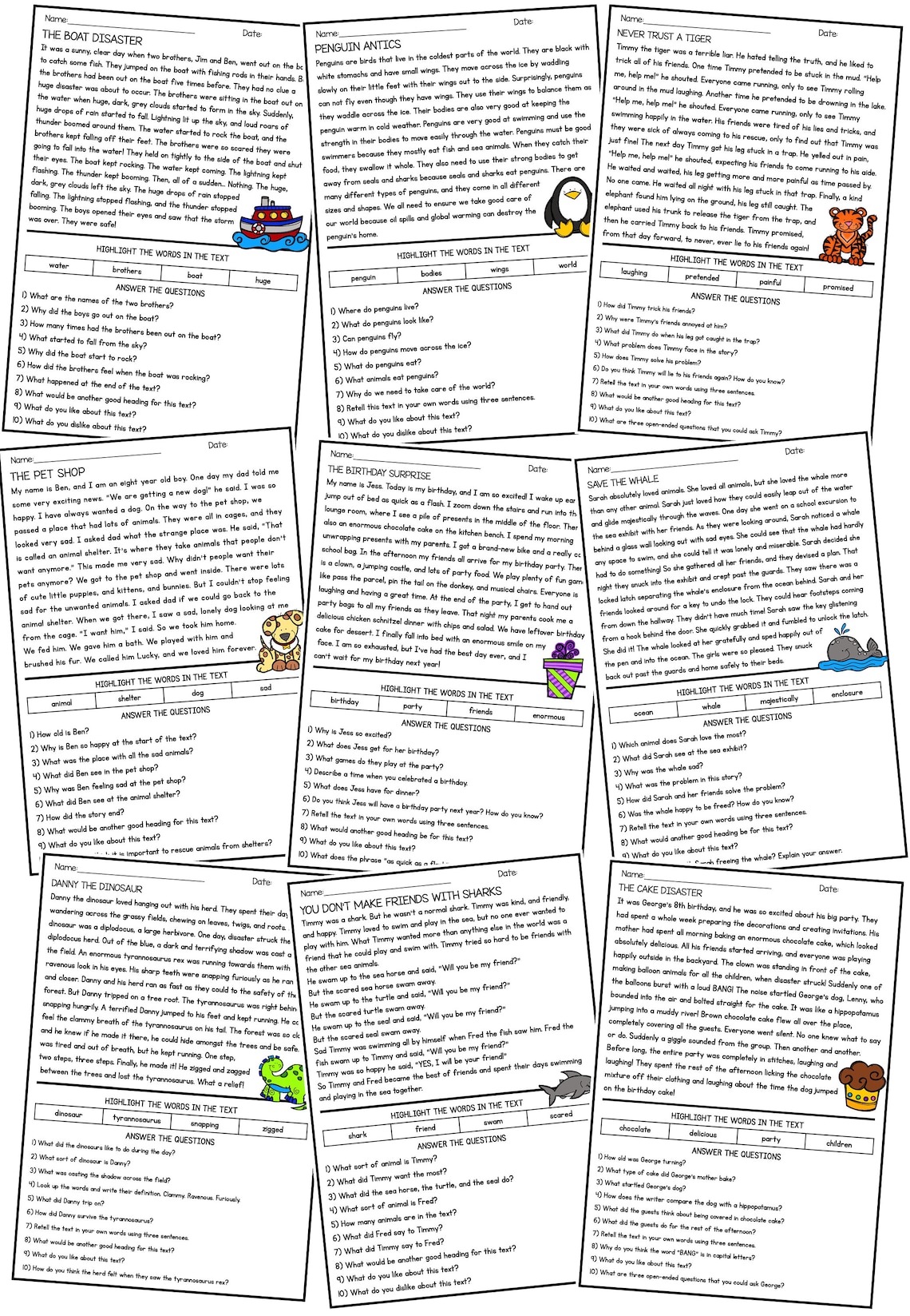 Ten Page Reading Comprehension Worksheet Pack - Etsy