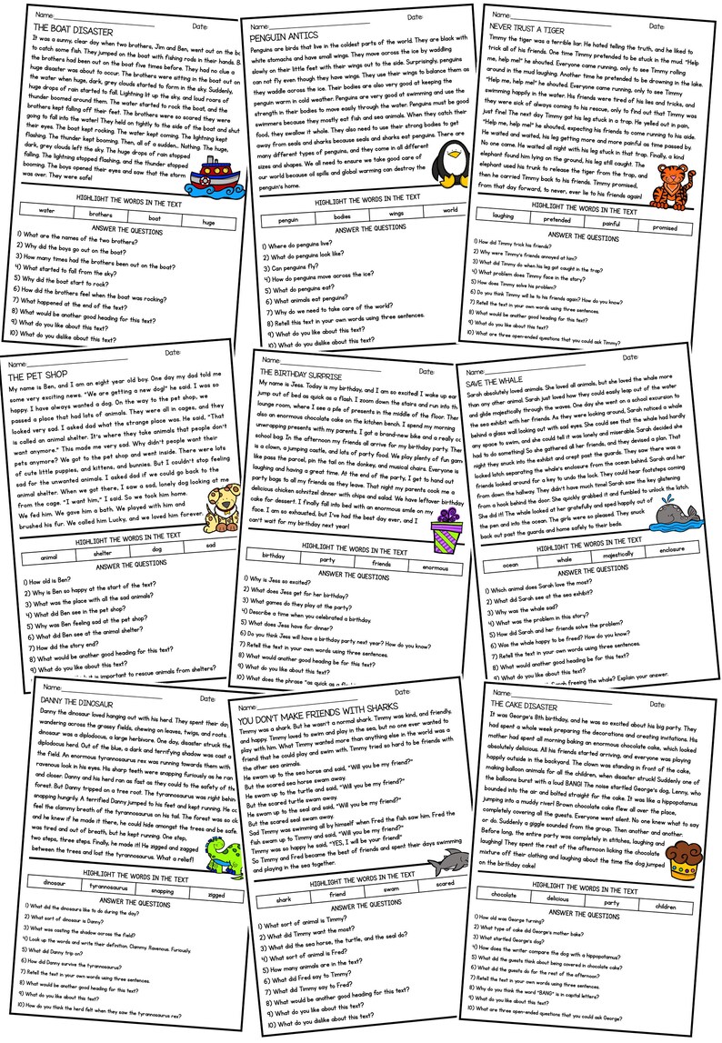 Ten Page Reading Comprehension Worksheet Pack - Etsy