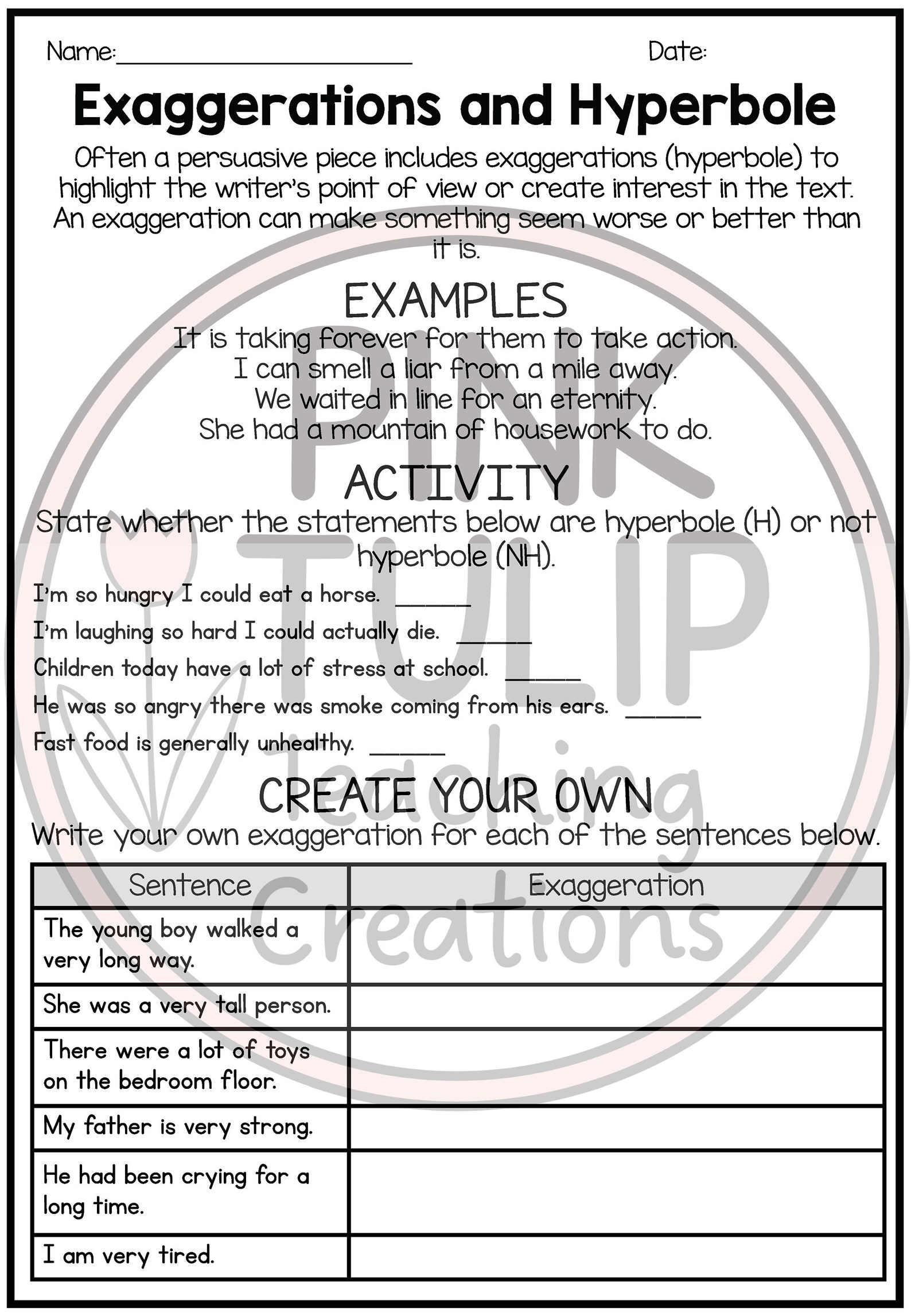 Exaggerations and Hyperbole - Persuasive Writing Worksheets - Etsy