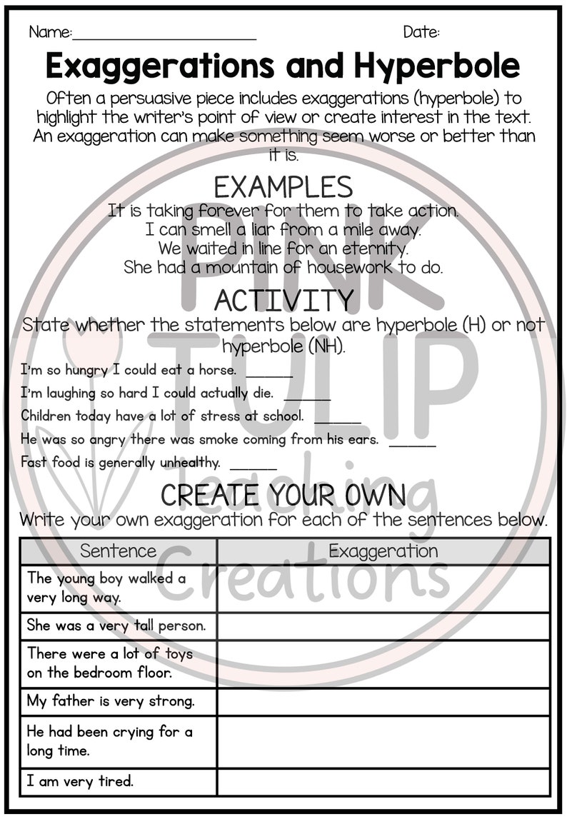Exaggerations and Hyperbole - Persuasive Writing Worksheets - Etsy
