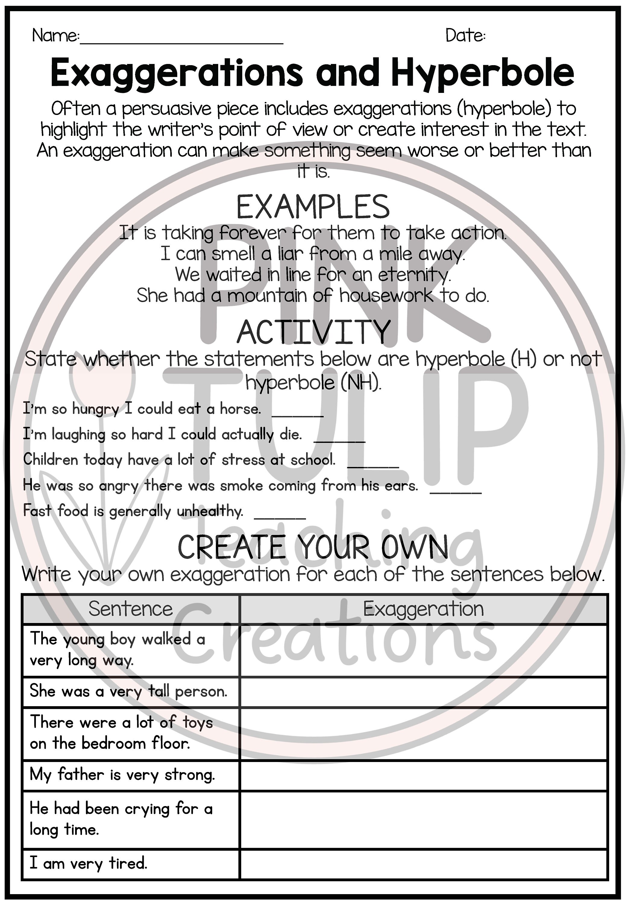 Exaggerations and Hyperbole - Persuasive Writing Worksheets - Etsy