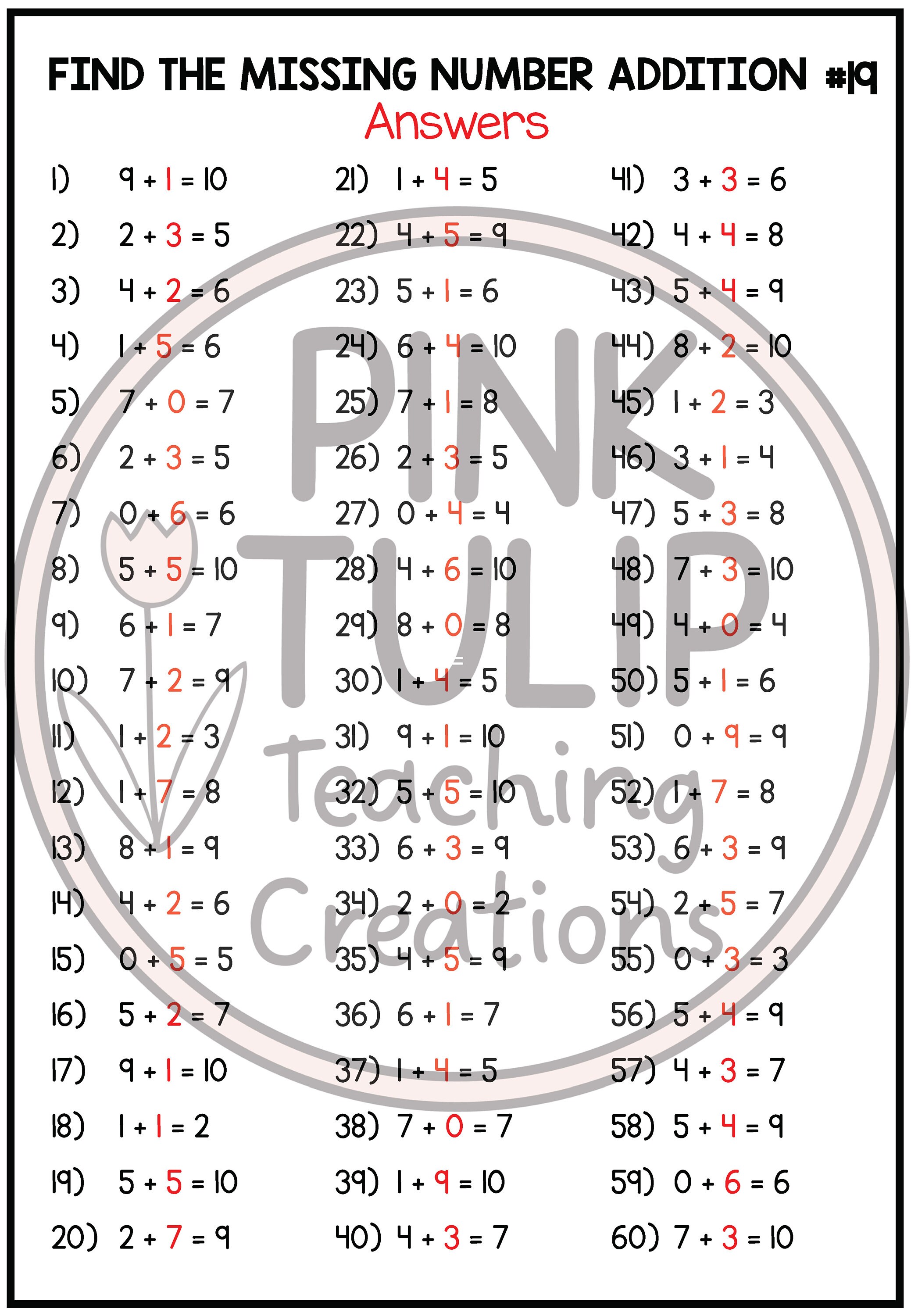 Missing Number up to 10 Addition Worksheets - Mental Math or Early ...