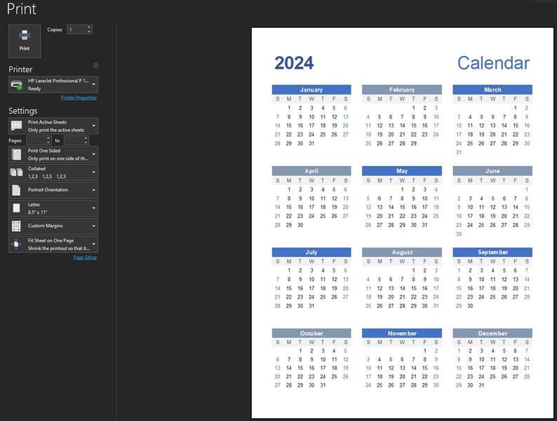Digital Selectable and Printable Calendar Excel Simple All Years 2024 ...