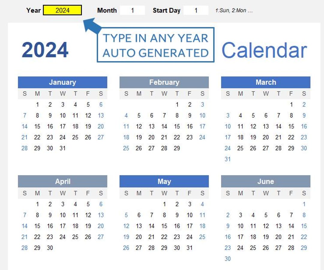 Digital Selectable and Printable Calendar Excel Simple All Years 2024 ...