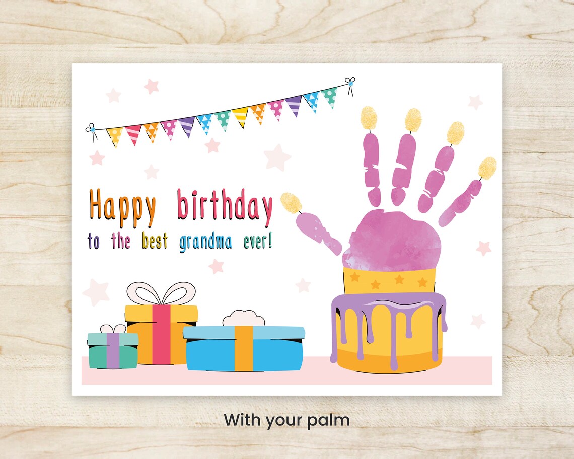 Grandmother Happy Birthday сard Cake, Handprint Craft, Keepsake for ...