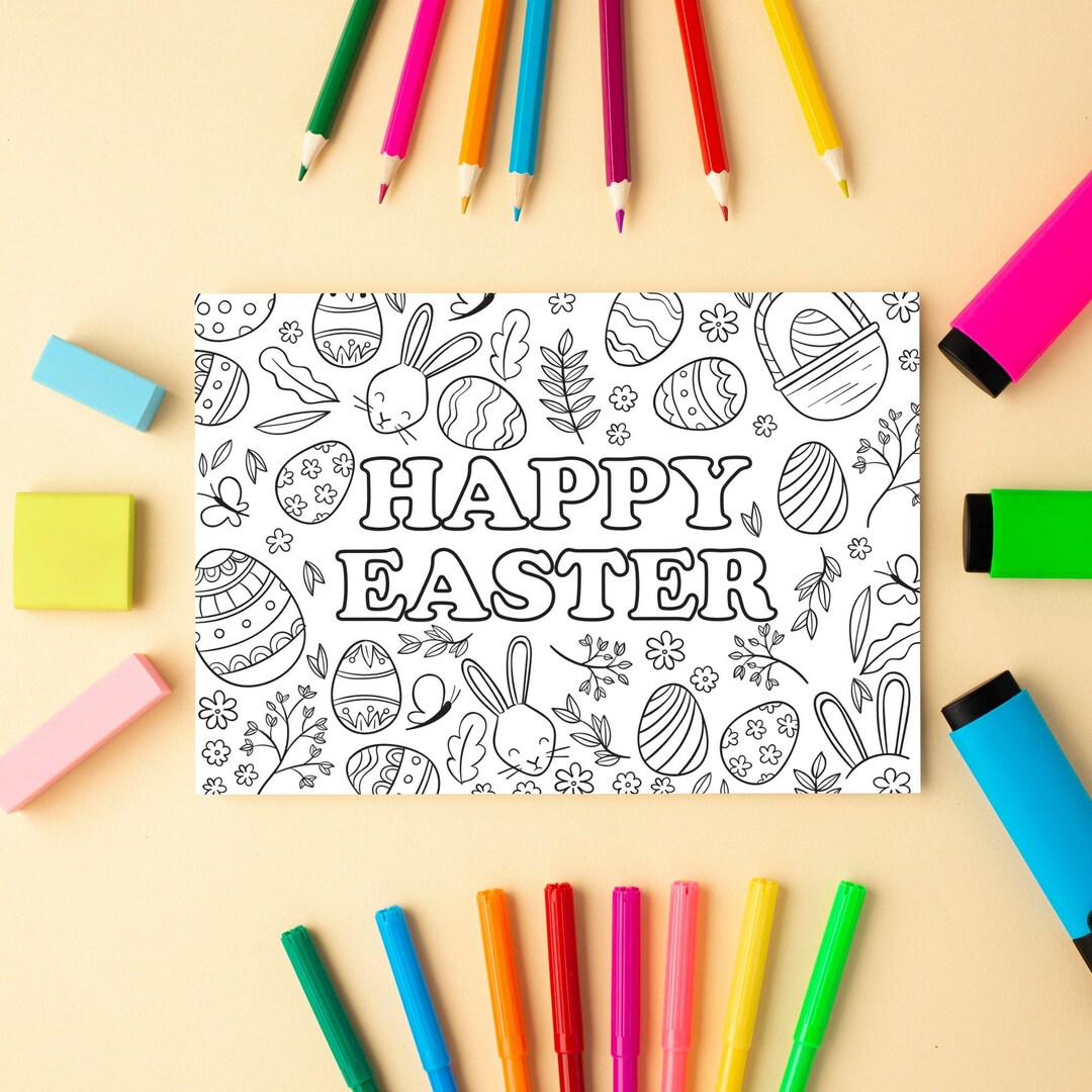 Happy Easter Coloring Printable, Greeting Card Pdf, Easter Bunny Png ...