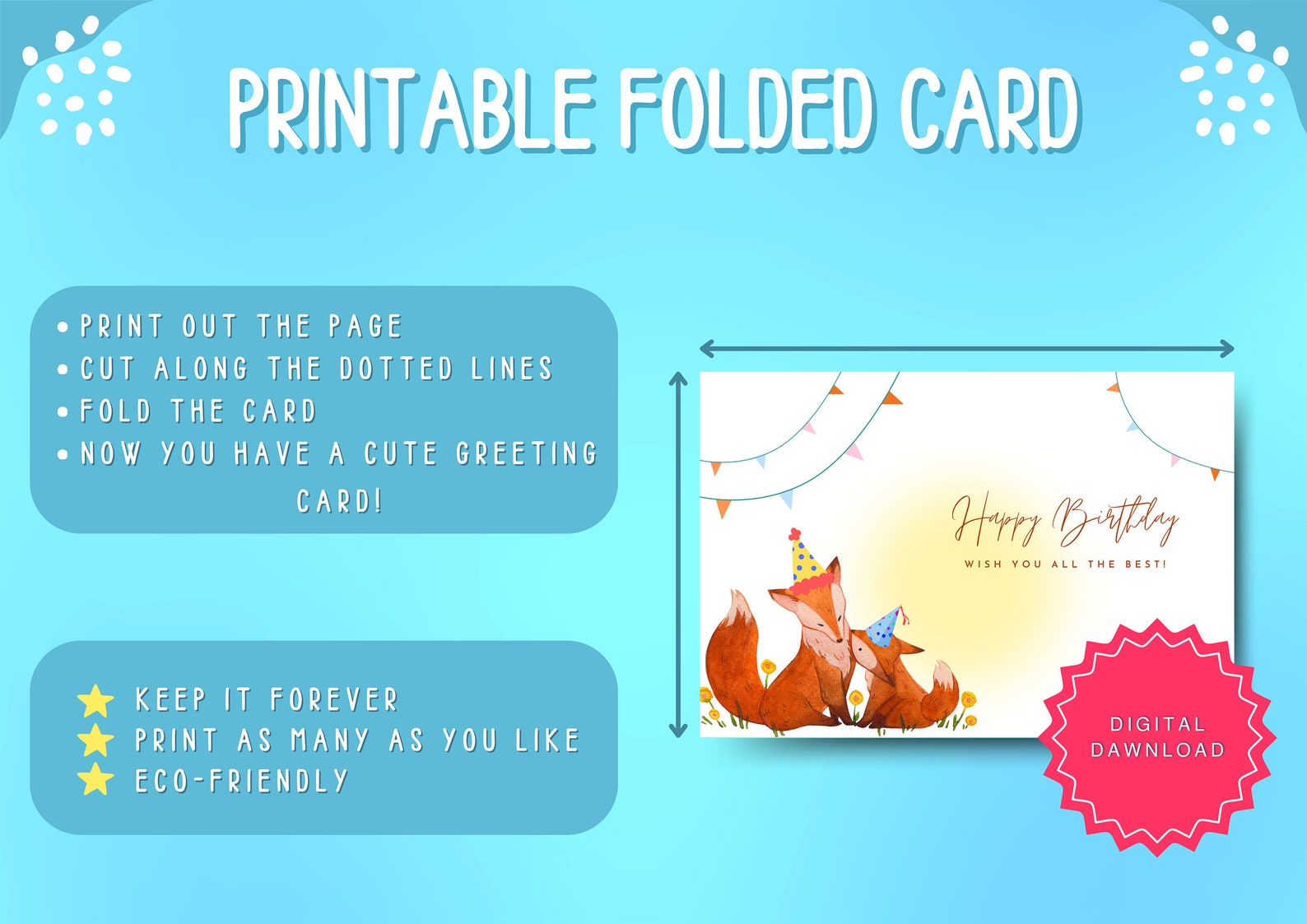 Boho Birthday Card, Happy Birthday Folded Card, Printable Card, Instant ...