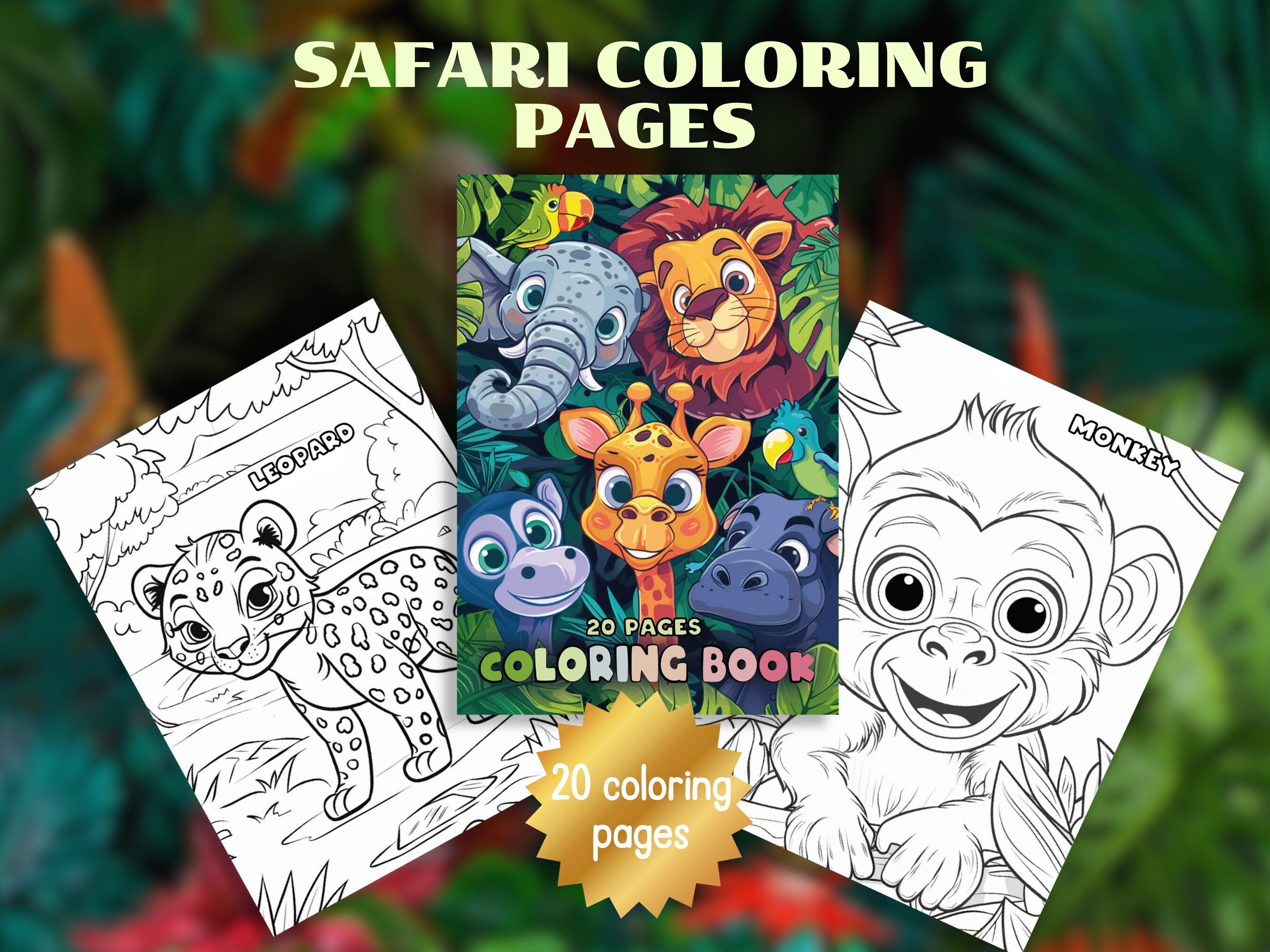 Safari Animals Coloring Book, 20 Cute Jungle Animals Coloring Pages ...