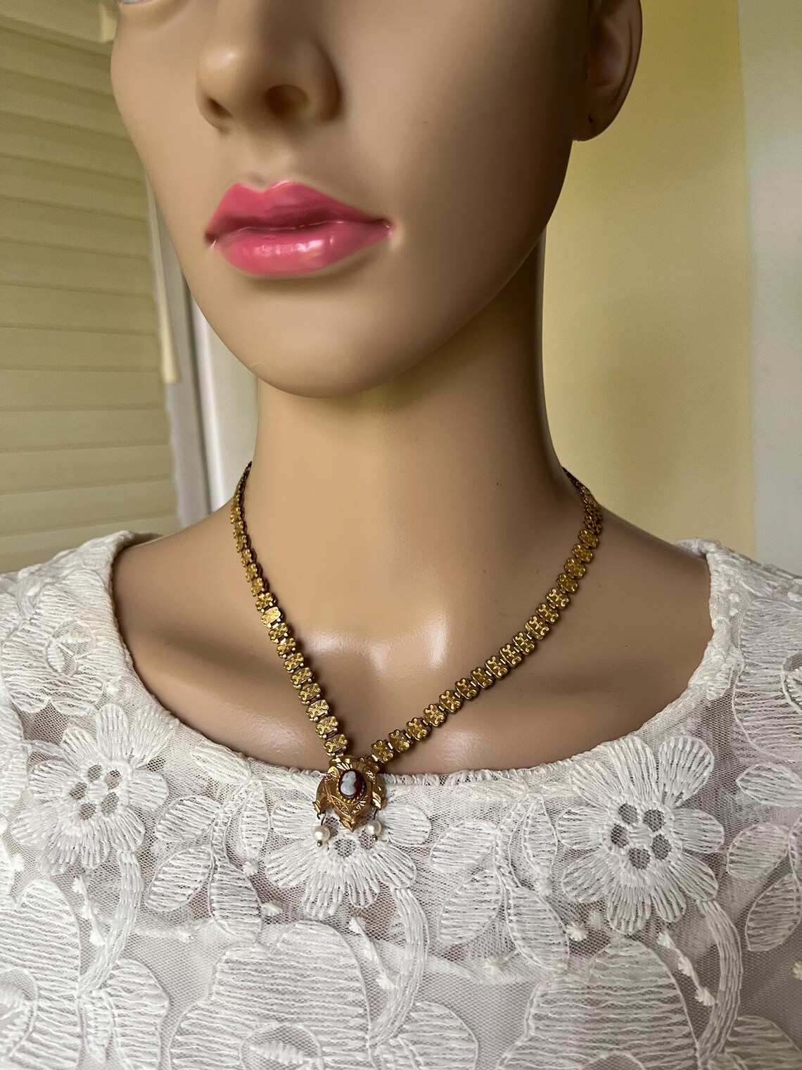 Antique Victorian Book Chain Necklace: Gold Filled Cameo & Pearl ...
