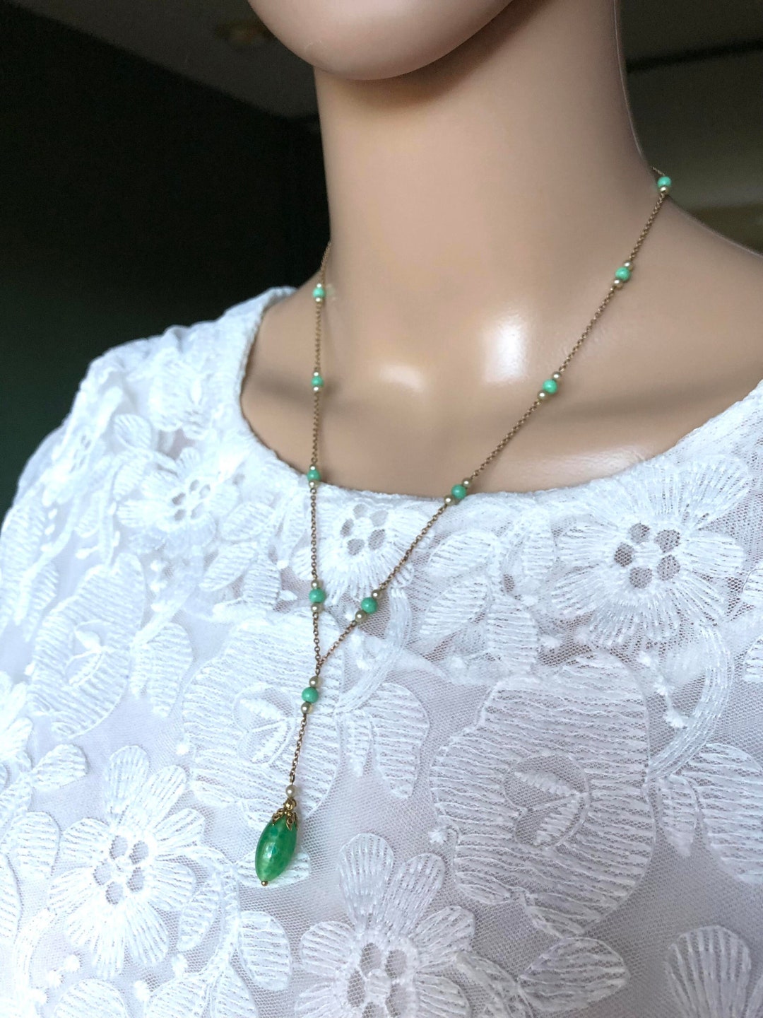 Art Deco 1920s 10K Gold & Peking Glass Jade Drop Necklace | Solid 10K ...