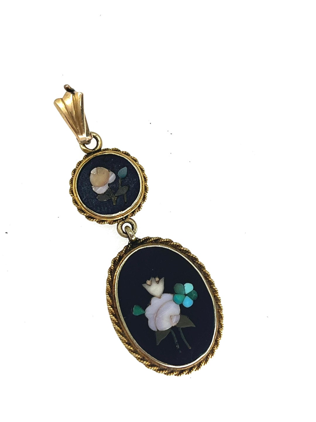 Victorian 14K Gold Pietra Dura Double Panel Flower Pendant | Antique ...