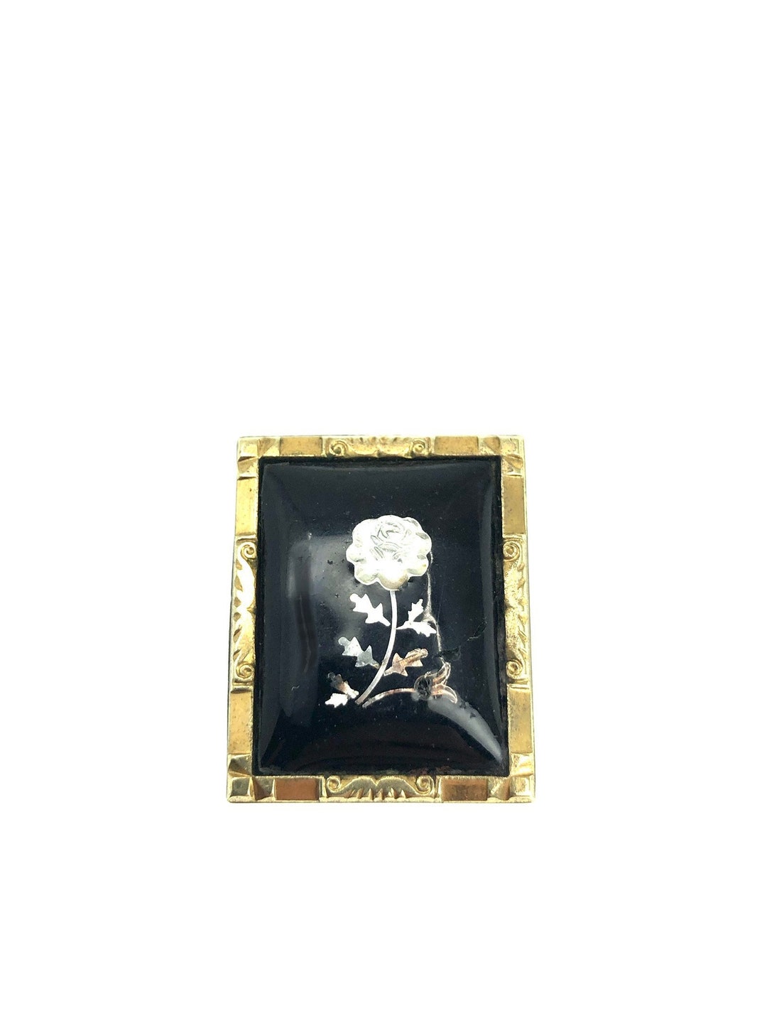 Victorian Black Enamel Mourning Pin W Inlaid Silver Rose | Gold Filled ...