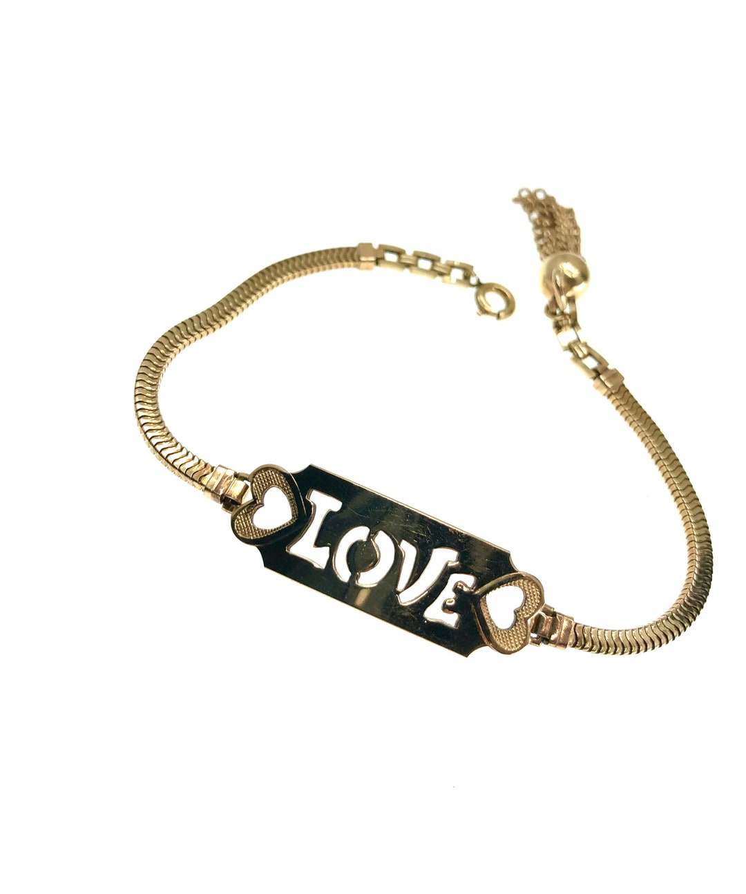 1960s LOVE Bracelet in 12K Gold Filled | Flat Omega Chain W Tassel ...