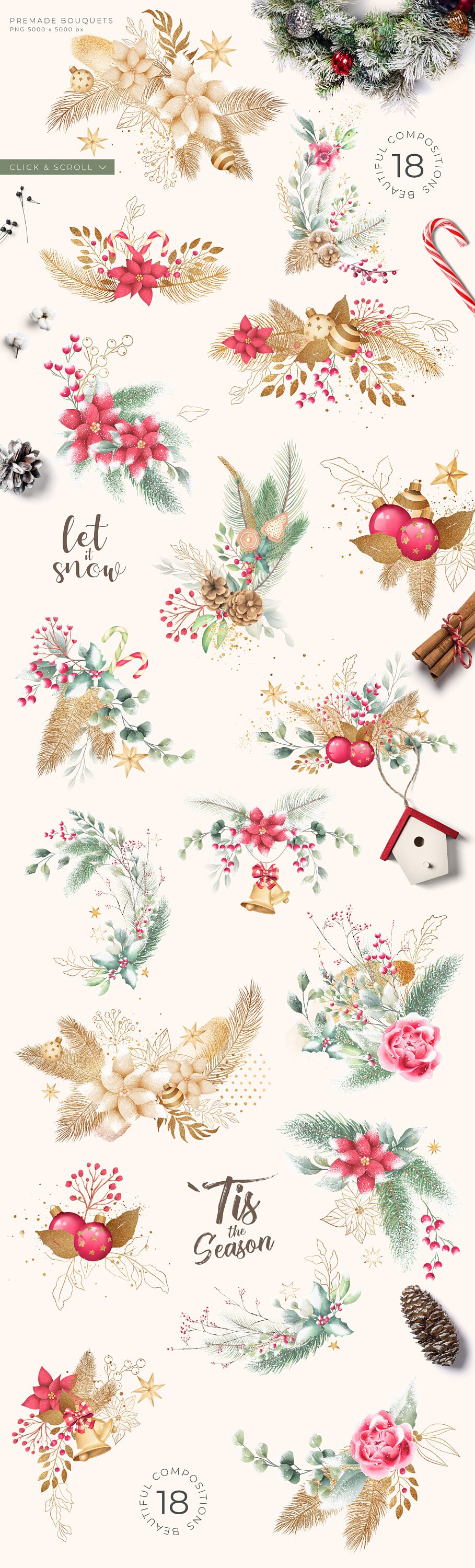 Watercolor Christmas Clipart Bundle With Florals, Abstract Elements ...