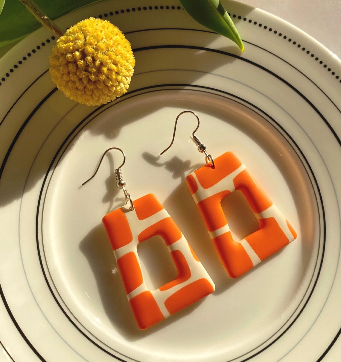 Retro Orange and White Print Slanted Rectangle Dangle Polymer Clay ...
