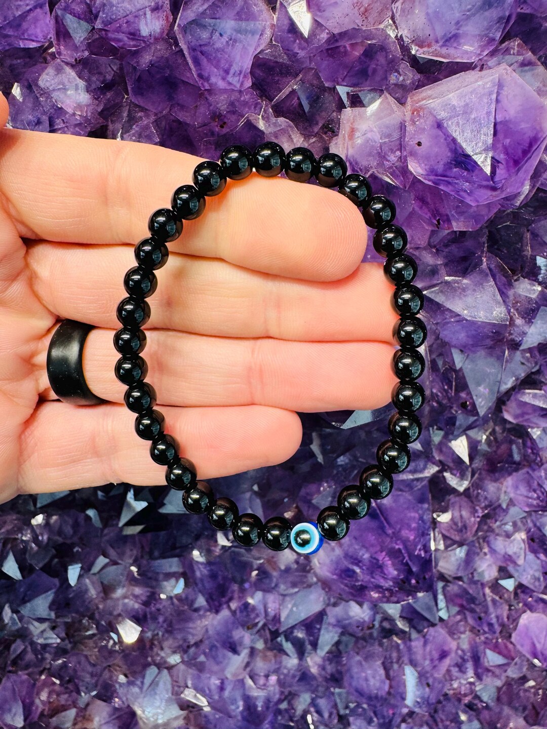 Black Obsidian With Blue Evil Eye Bead - Bracelet - 4mm - 6.50 Inches ...