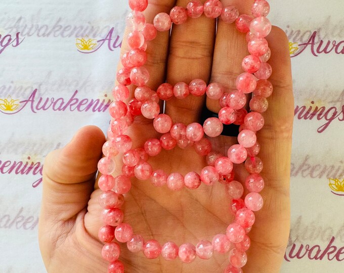 Ice Rhodonite Bracelet, Rose Rhodonite, Sakura, Cherry Rain, Round Bead ...