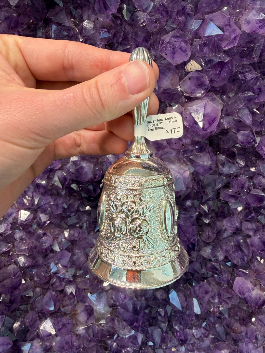 Silver Altar Bell Chime - Deco 4.5" - Hand Call Ritual Clearing Sacred ...