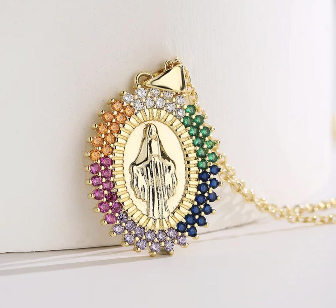 Virgin Mary Copper 18k Gold Plated Zircon Pendant Necklace - Dual Layer ...