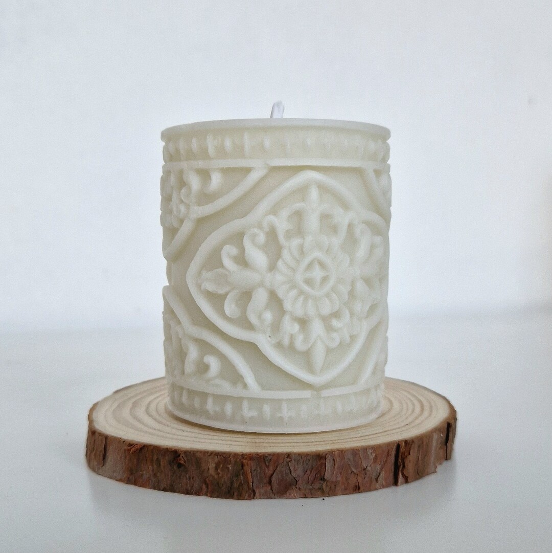 Vintage Style Candle, Ornate Pillar Candle With Rustic Wooden Holder ...