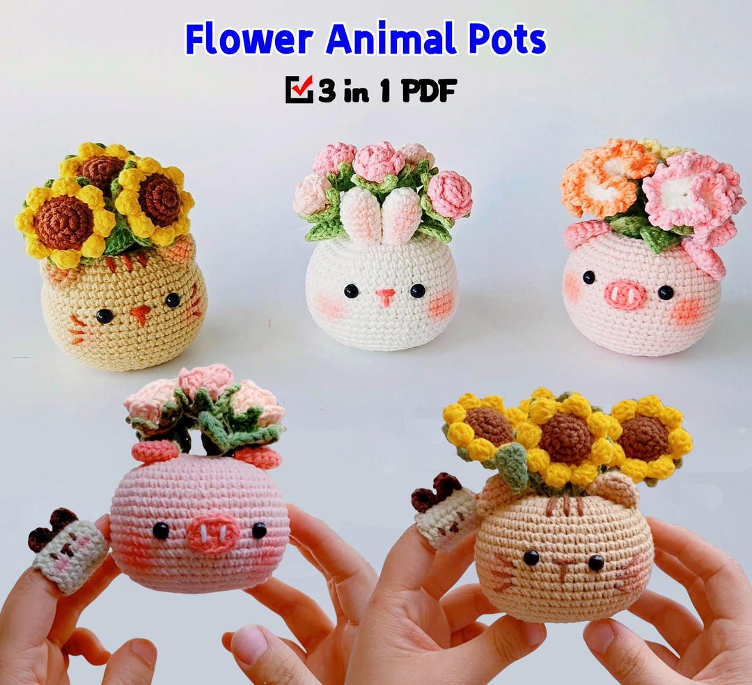 Crochet Flower Animal Pots PDF Pattern 3-in-1 Amigurumi - Etsy