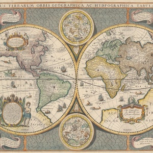 1642 Vintage World Map - Old Map Print - Wall Decor Map Art - Antique ...