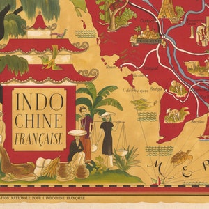 1945 Vintage French Indochina Map Poster - Pictorial Map Print - Map ...