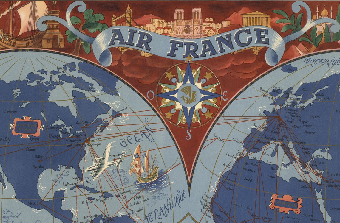 1952 Vintage World Map Air France Airlines Routes Map Print From Paris ...