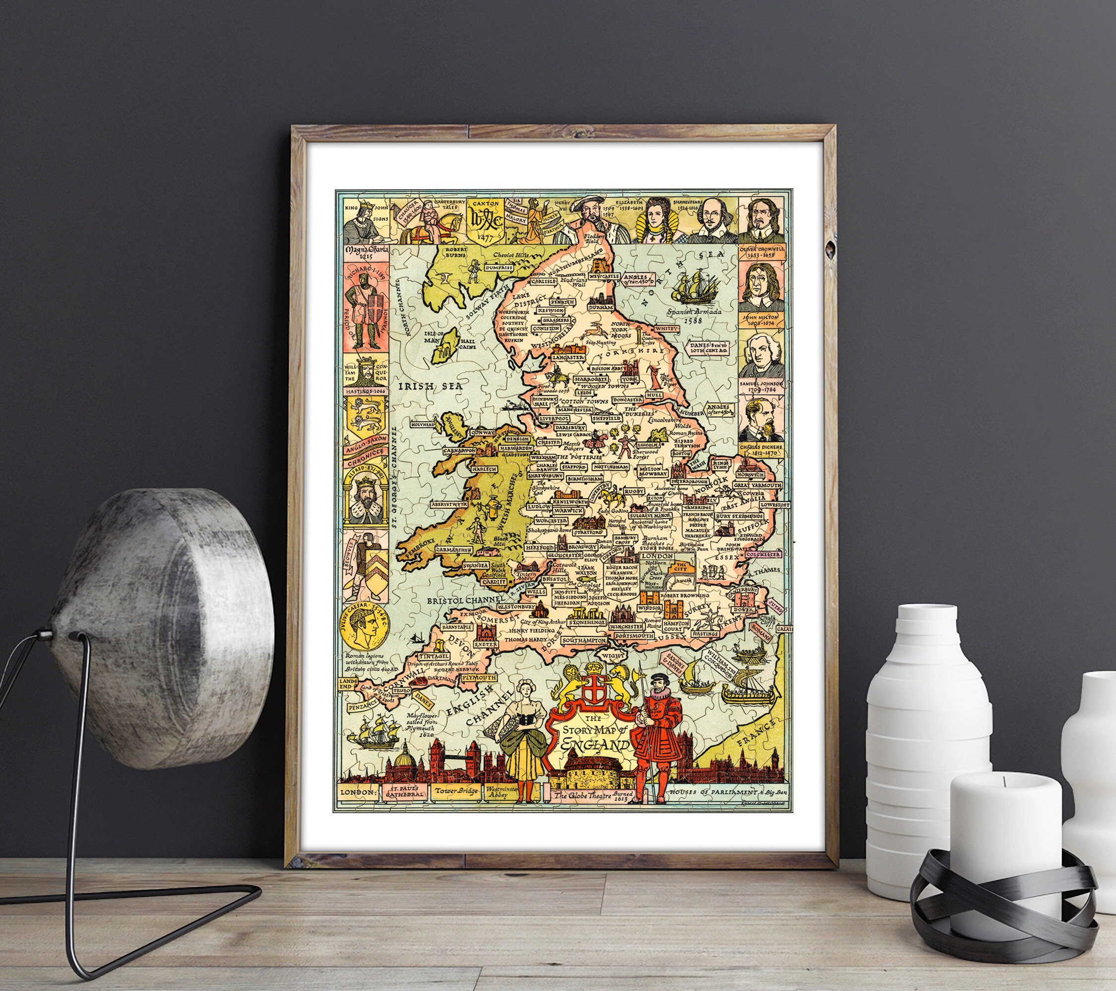 1936 Story Map of England Puzzle Version Vintage Wall Map Poster ...