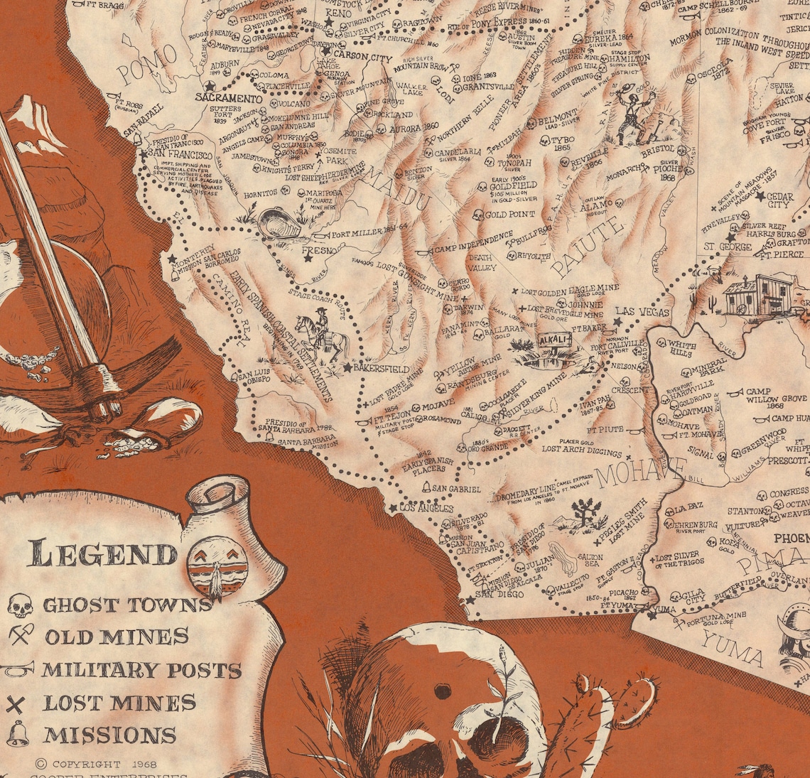 1968 U.S. Western Map Vintage the Historic Western Poster Print Ghost ...