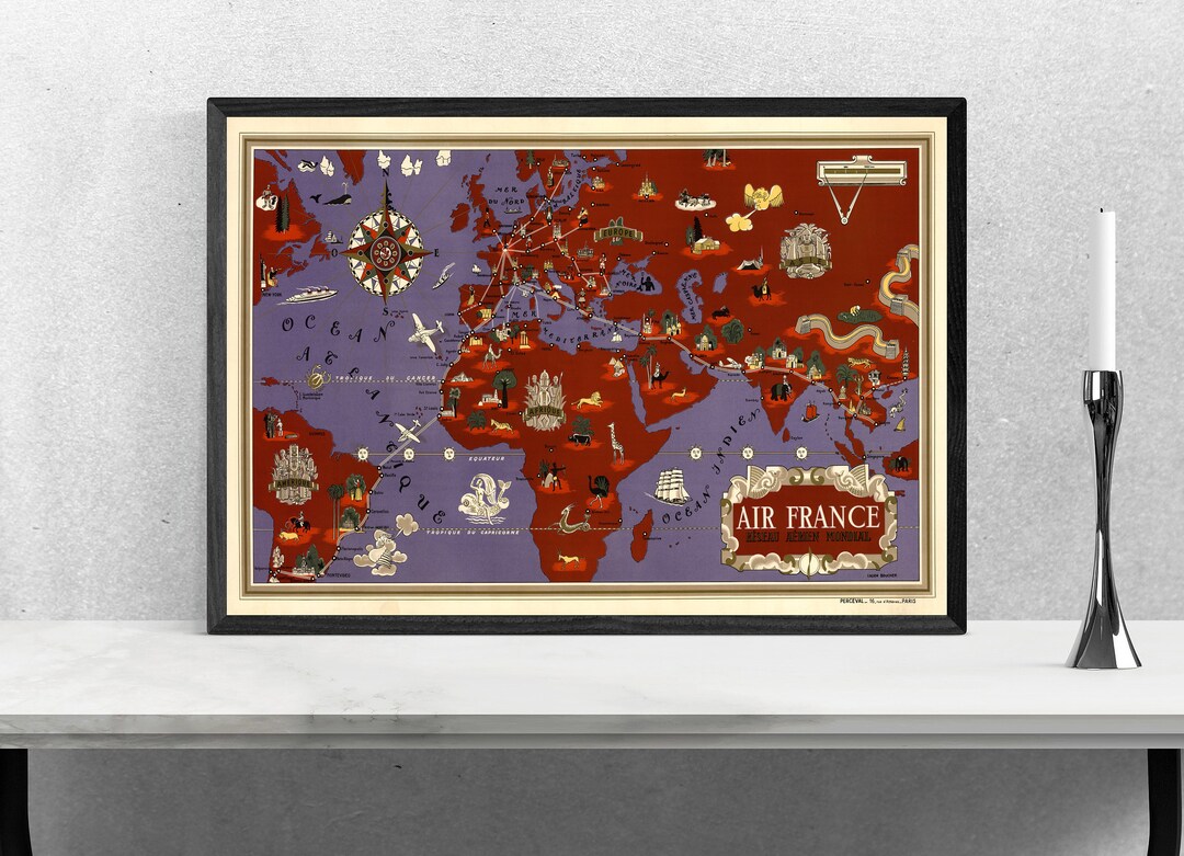 1934 Air France Map - Vintage World Map - French Map Print - Airlines ...