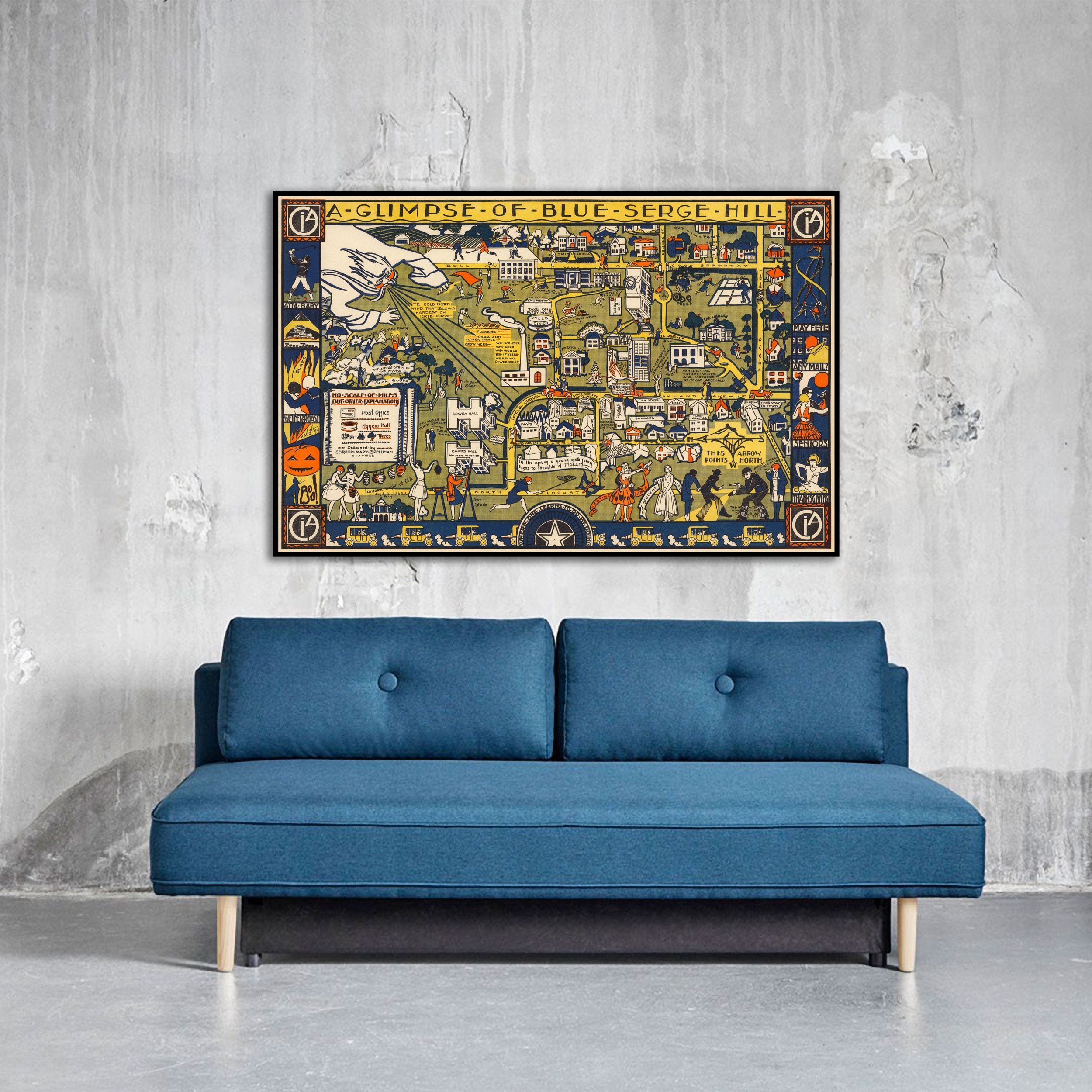 1928 Texas Woman University Map TWU Poster Blue Serge Hill - Etsy