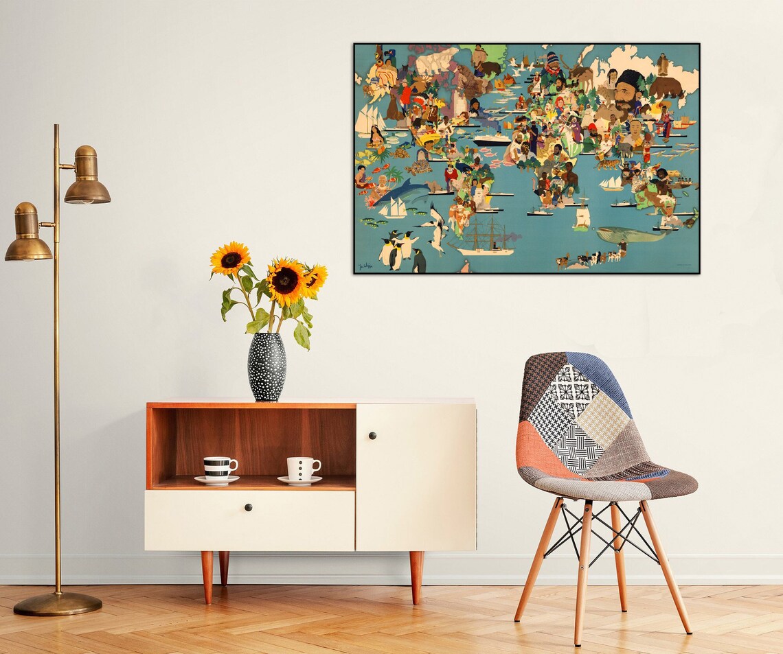 1950 World Map Print Pictorial World Map Poster World - Etsy