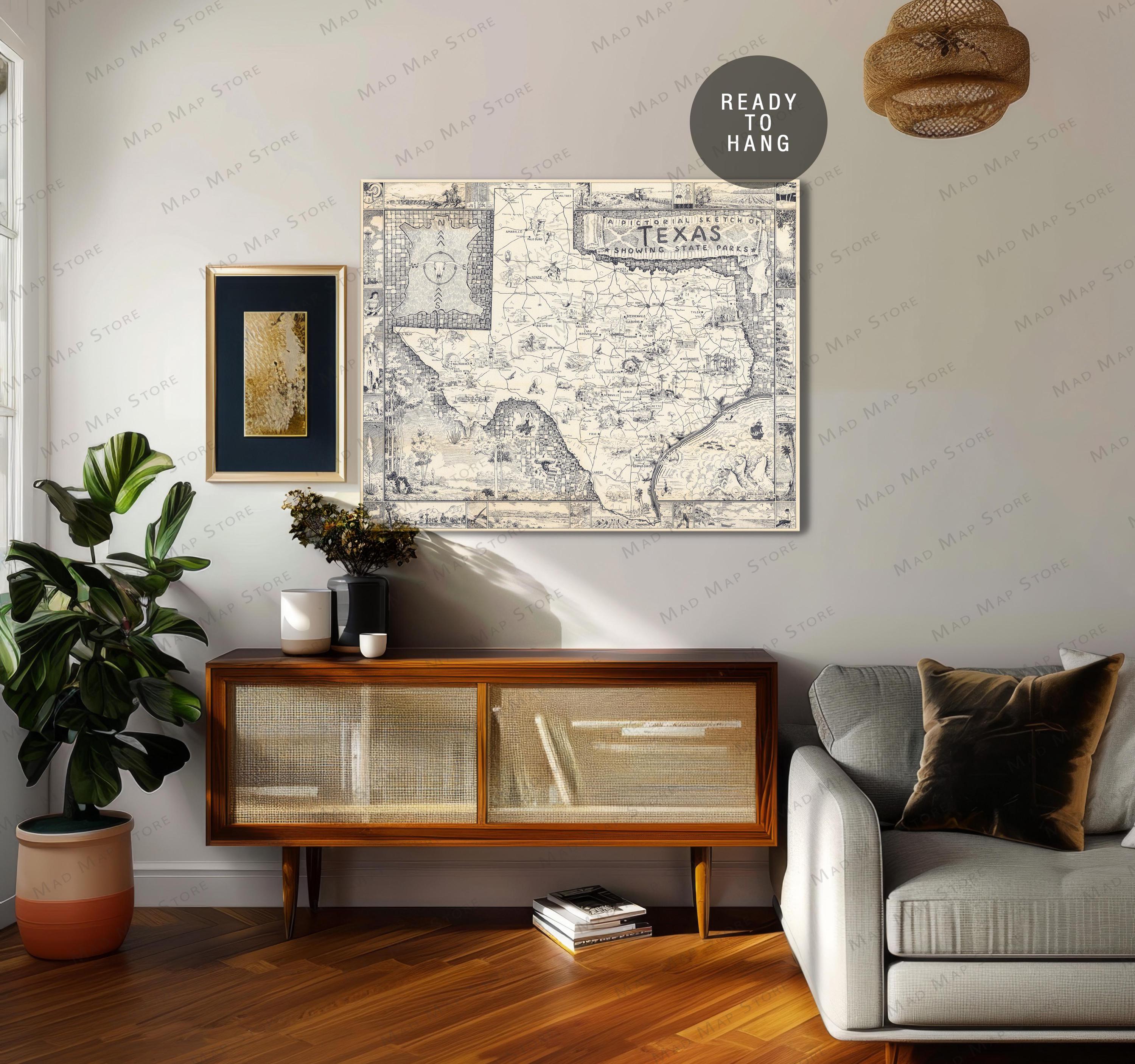 1939 Framed Texas Map: Vintage Pictorial Canvas Art - Etsy