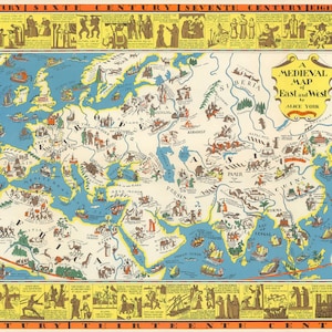 1925 Vintage Medieval Map - Medieval Map of East and West - Vintage Old ...