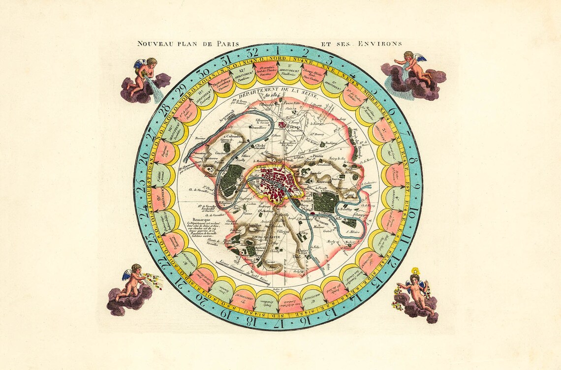1814 Paris Map Antique Paris Wall Map Hemisphere Map - Etsy Canada