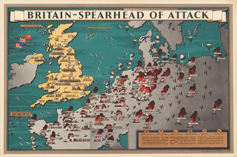 1944 Great Britain WW2 Map - World War II Pictorial Map - England War ...