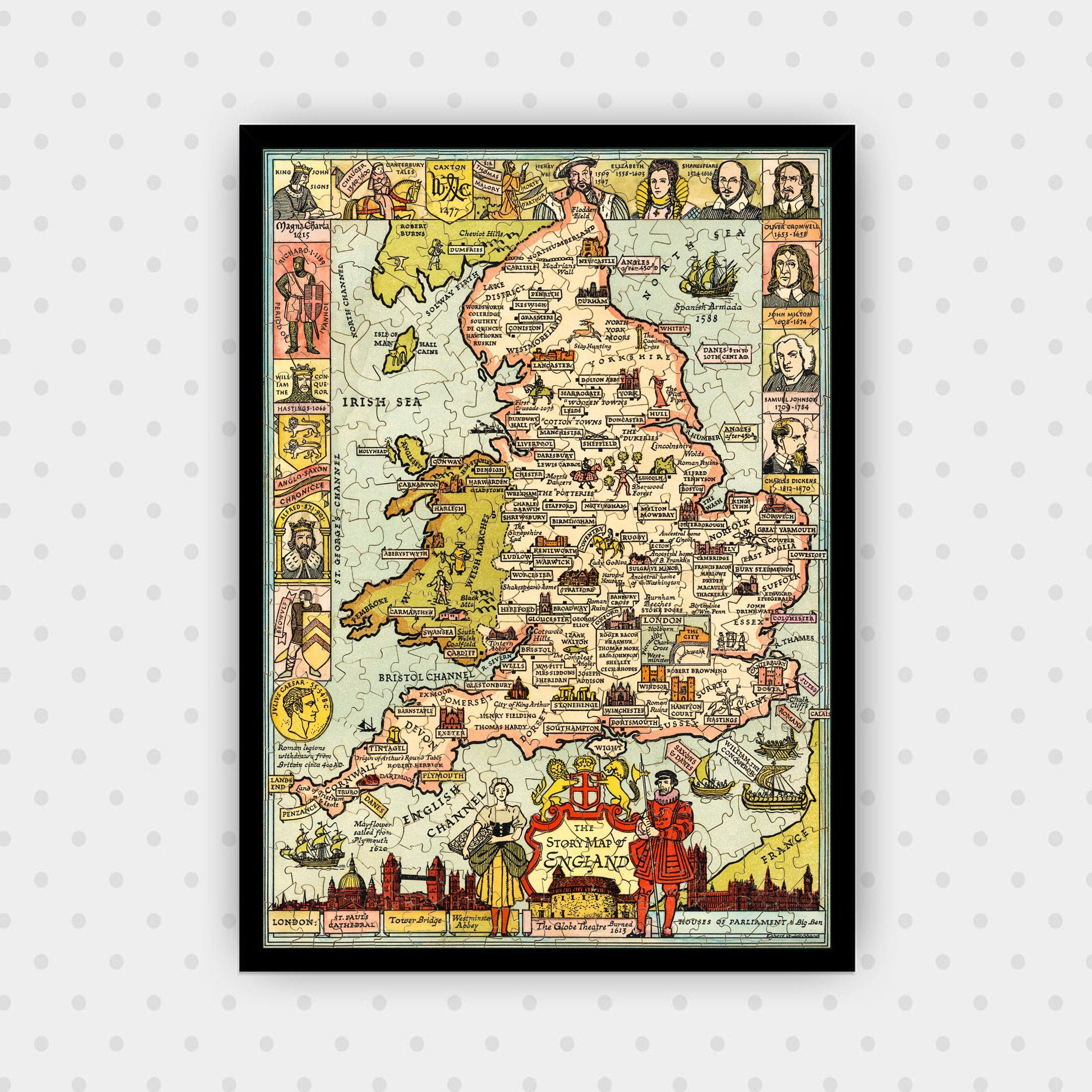 1936 Story Map of England Puzzle Version Vintage Wall Map Poster ...