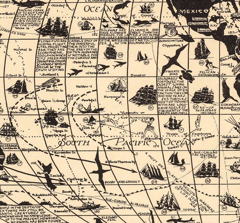 1935 World Map Oceans Map Wall Art Pictorial Sea Map - Etsy