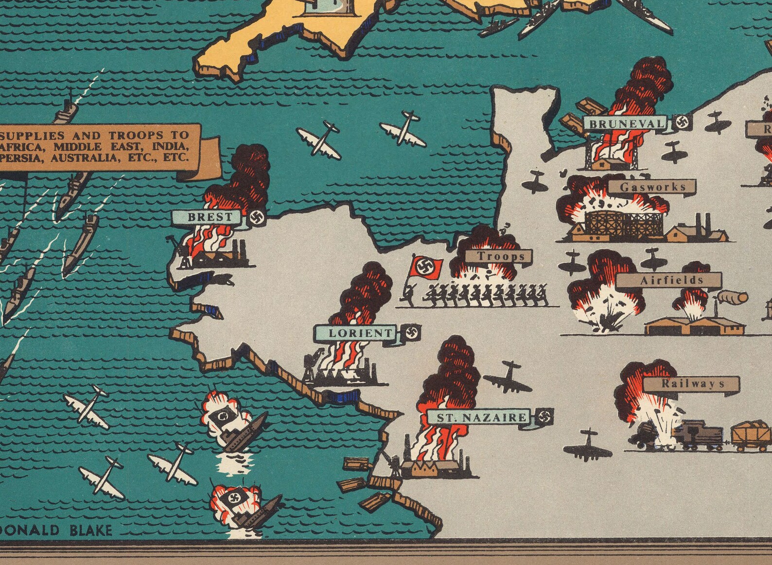 1944 Great Britain WW2 Map World War II Pictorial Map England War Map ...