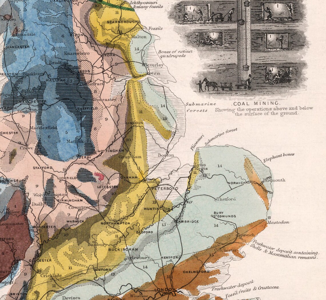 1849 England Map Vintage Geological Map of England England Poster Map ...