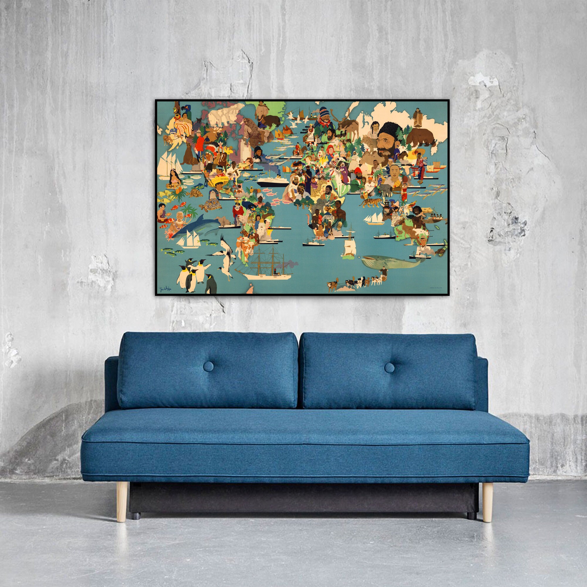 1950 World Map Print Pictorial World Map Poster World Travel Map World ...