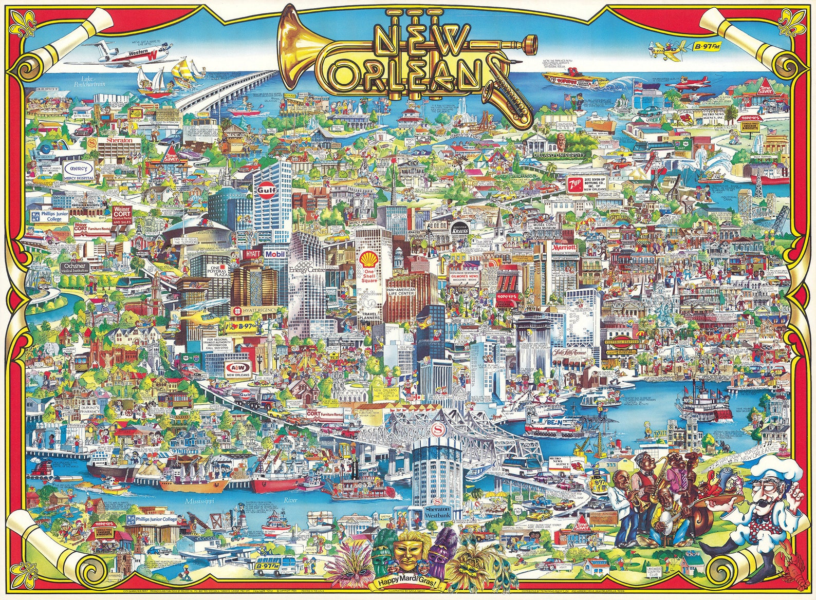 1983 New Orleans Map Vintage Pictorial Map Poster Print New Orleans ...