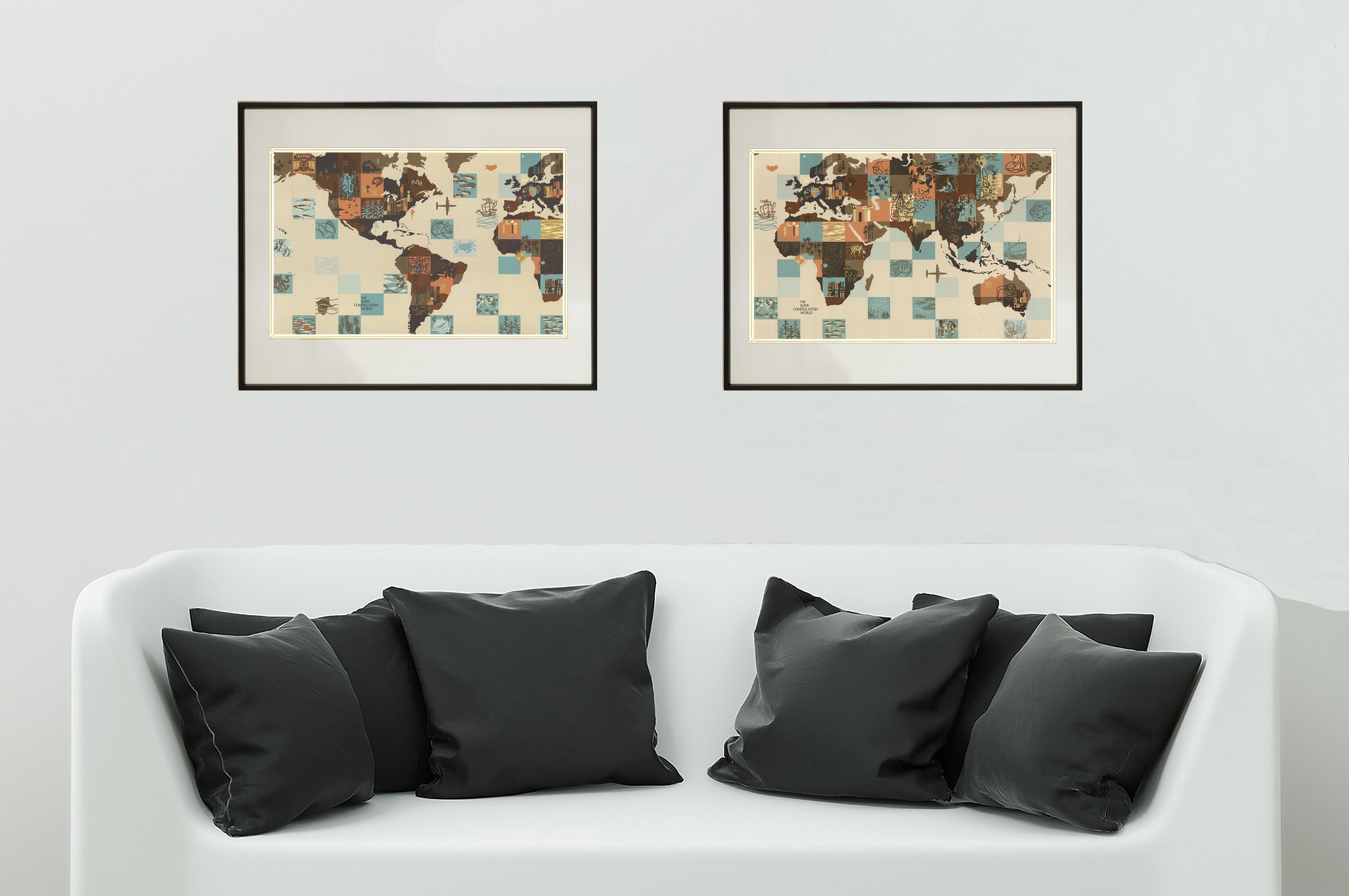 1955 World Map Print Set of 2 World Map Poster Aircraft Wall Print Set ...