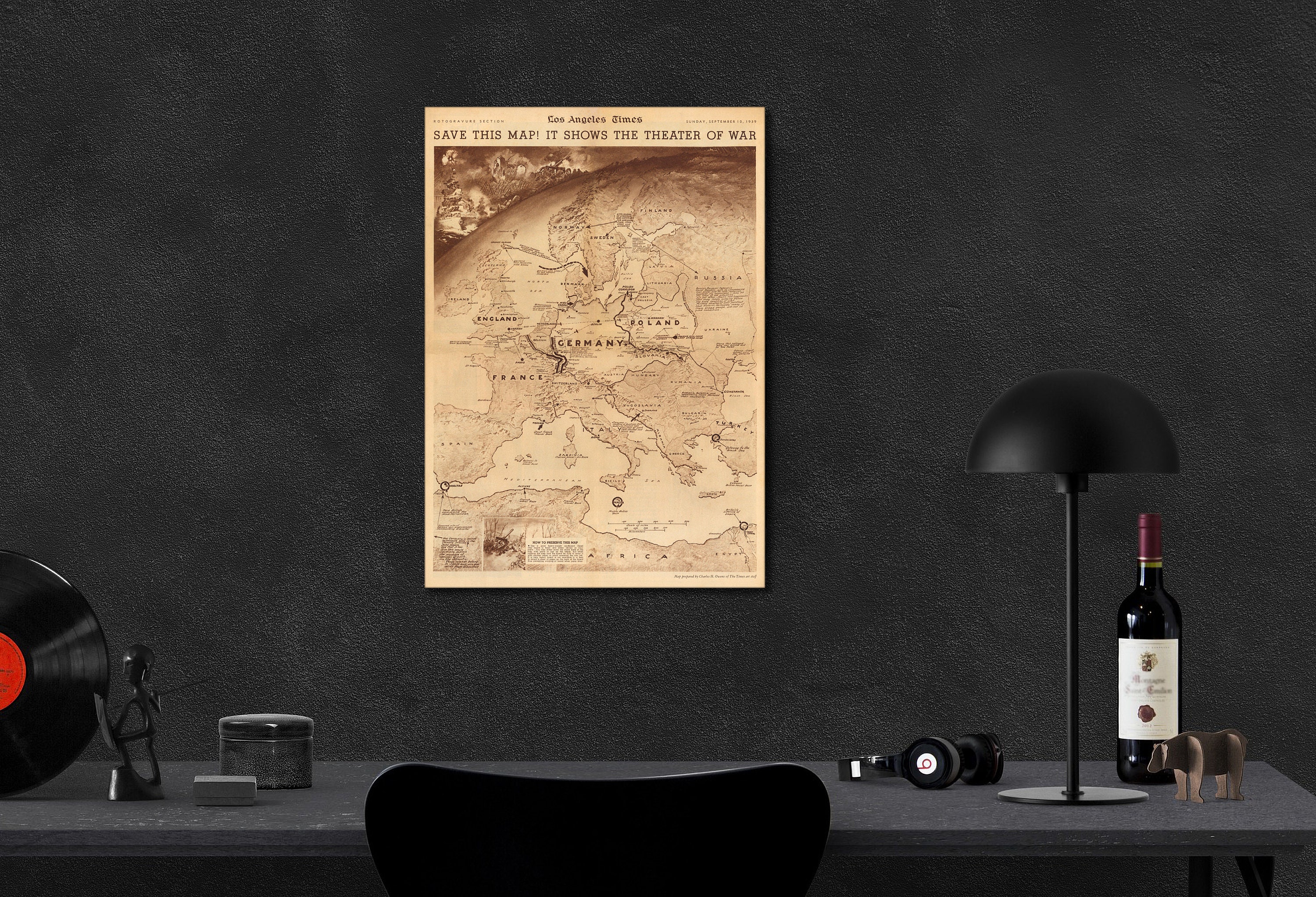 1939 World War 2 Map Vintage Los Angeles Times Print Europe War Map ...