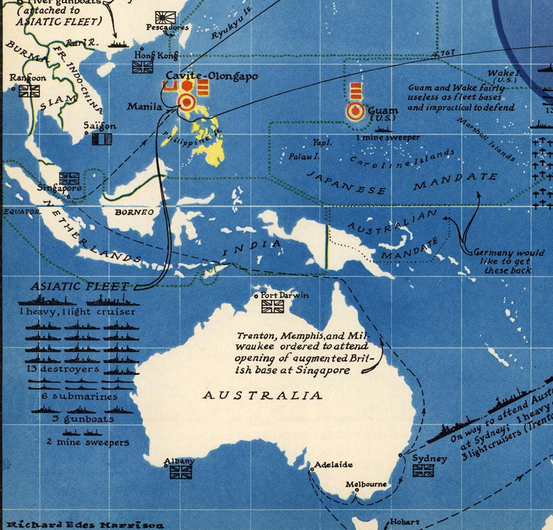 1938 World War 2 Map U.S. Navy Ships Map World War II Poster WW2 Map ...