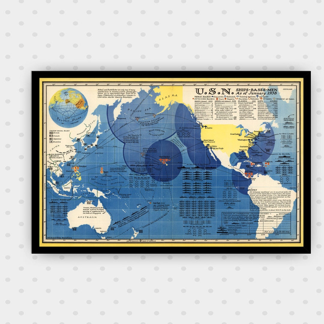 1938 World War 2 Map - U.S. Navy Ships Map - World War II Poster - WW2 ...