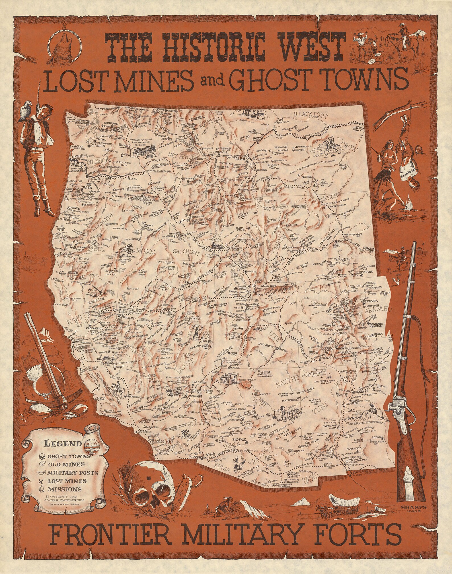 1968 U.S. Western Map Vintage the Historic Western Poster Print Ghost ...