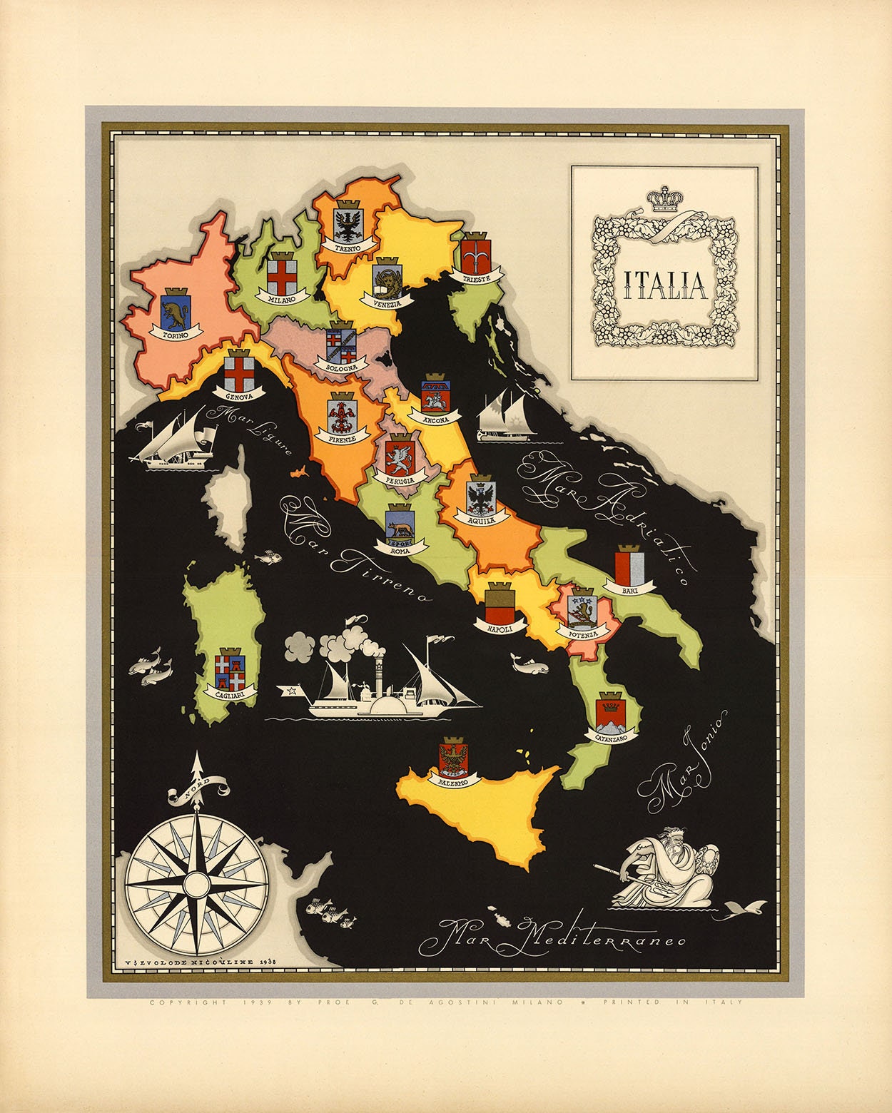 1938 Italy Map Vintage Italy Print Italia Poster Italy Wall Art Travel ...
